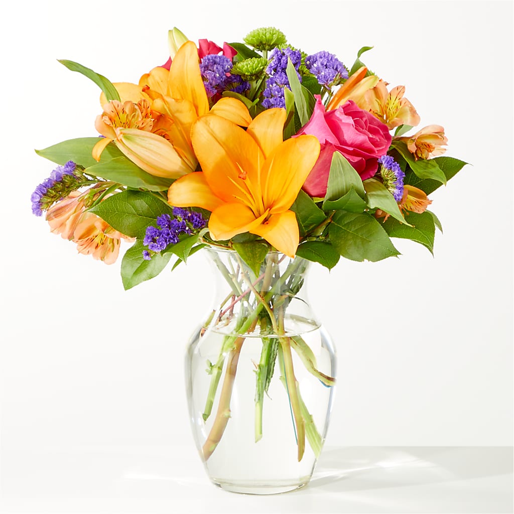 Joyful Bouquet – green, orange, pink, purple, yellow flower arrangement ...